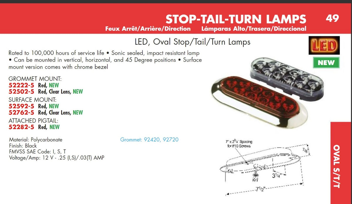 Grote 52282-5 LED 6" Oval RED with Clear Lens Stop Tail and Turn Signa ...